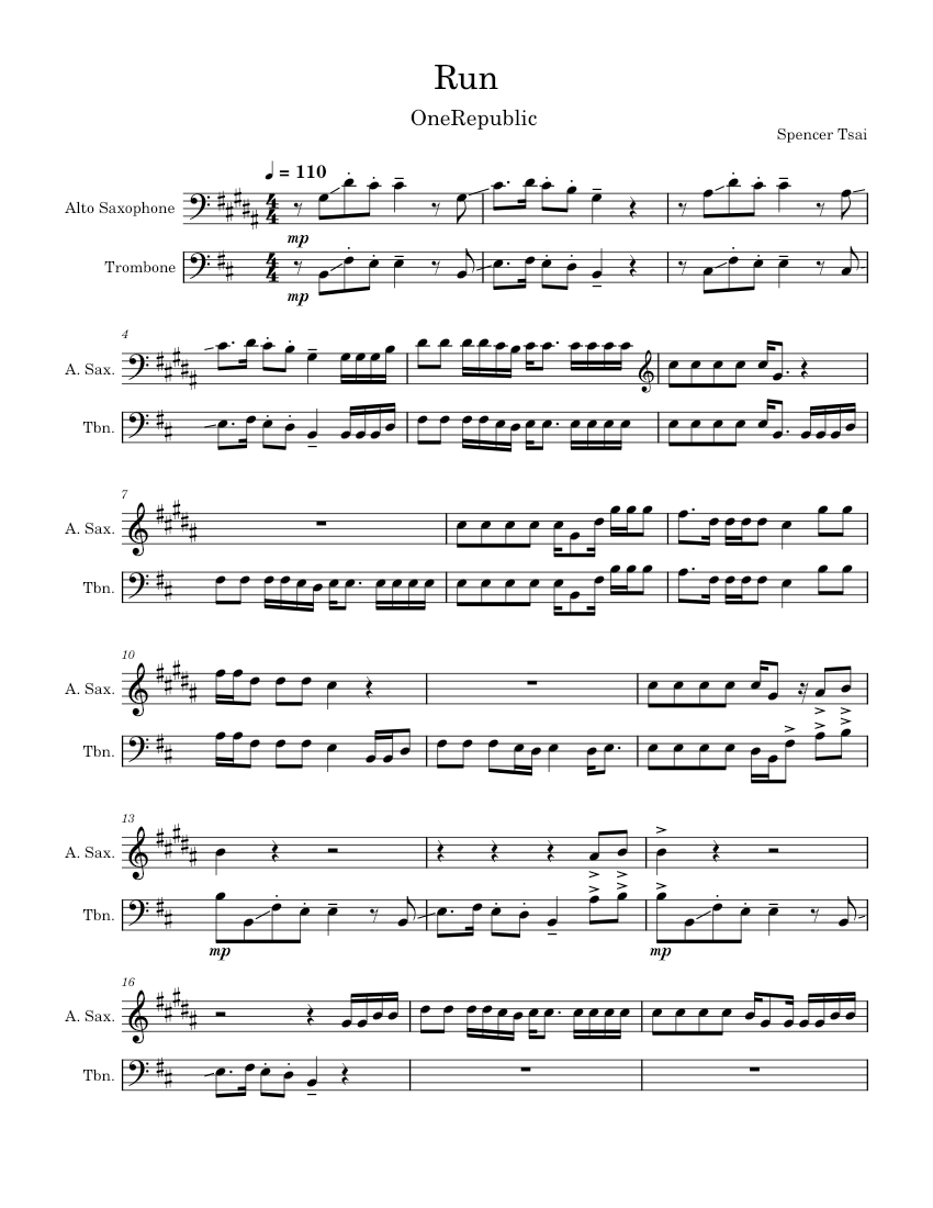 Run – OneRepublic Sheet Music for Trombone, Saxophone alto (Mixed Duet ...