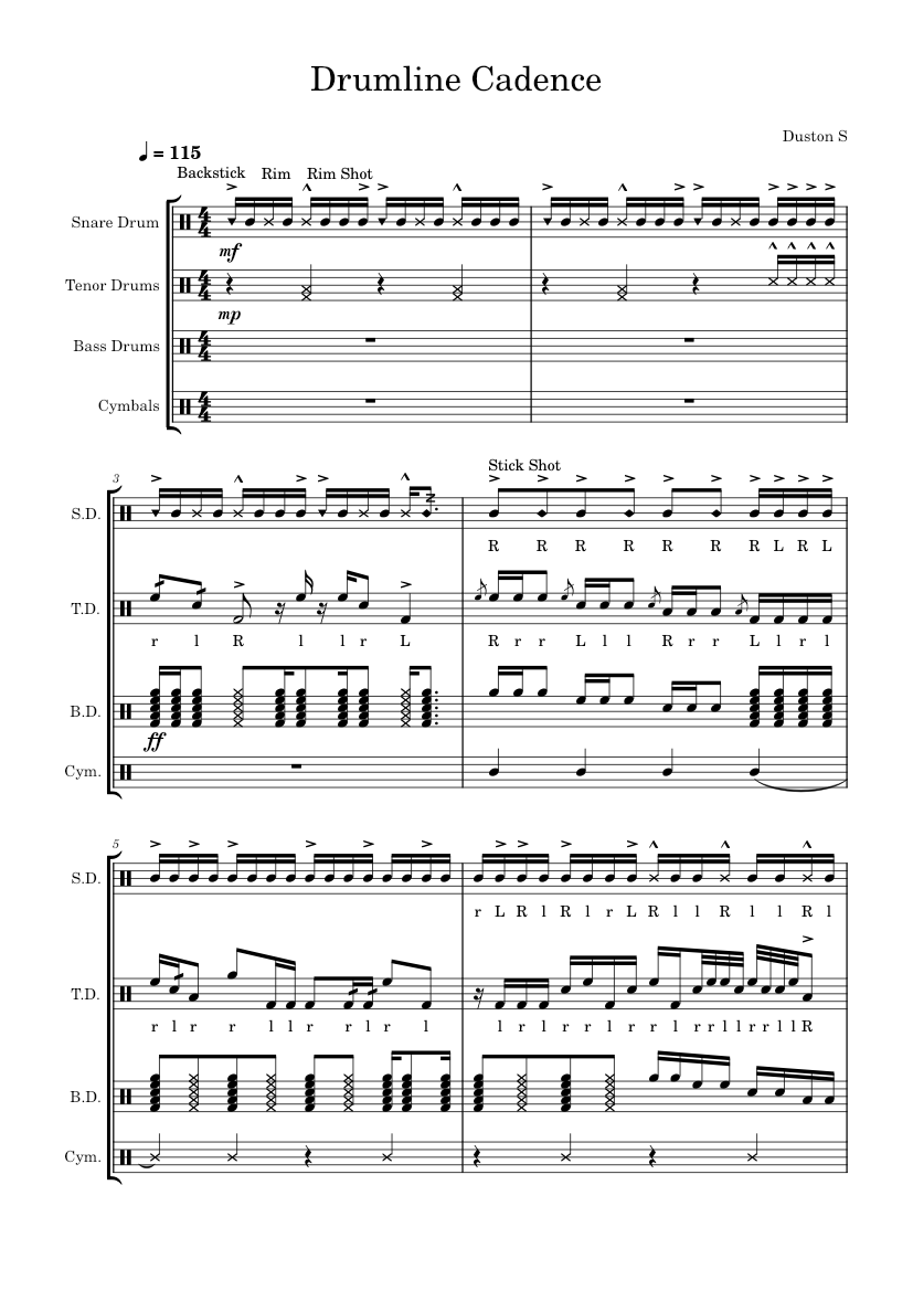 Drumline Cadence Sheet music for Snare drum, Crash, Tenor drum, Bass ...