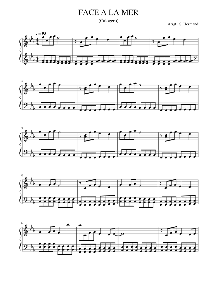 FACE A LA MER de Calogero Sheet music for Piano (Solo) Easy | Musescore.com