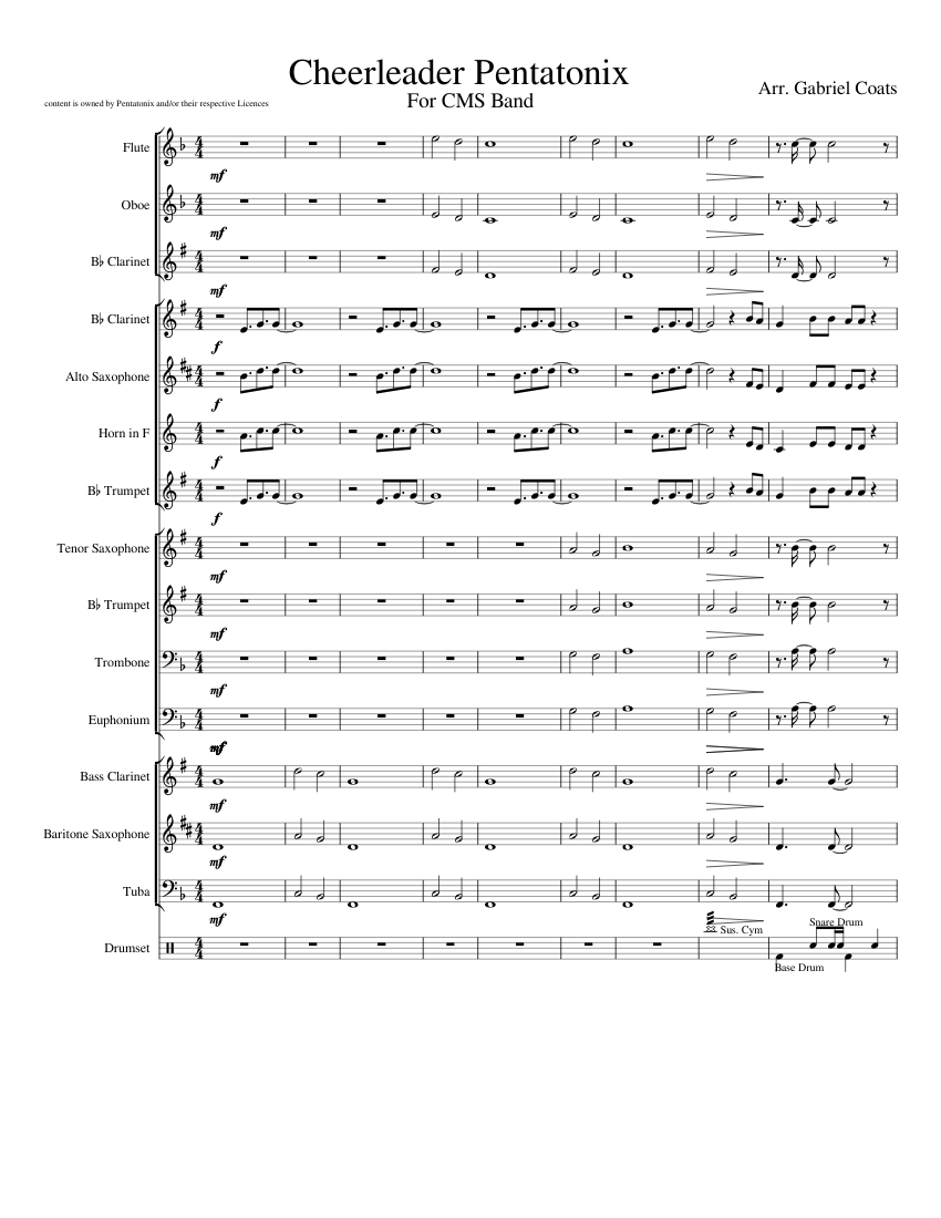 Pentatonix Cheerleader Sheet Music for Trombone, Euphonium, Tuba, Flute ...