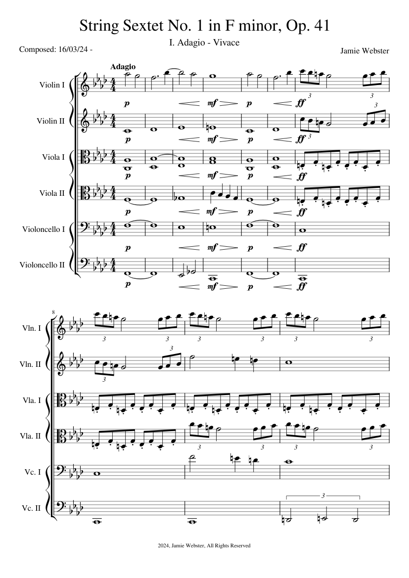 String Sextet No. 1 in F minor, Op. 41 I. Adagio - Vivace Sheet music for Violin, Viola, Cello ...