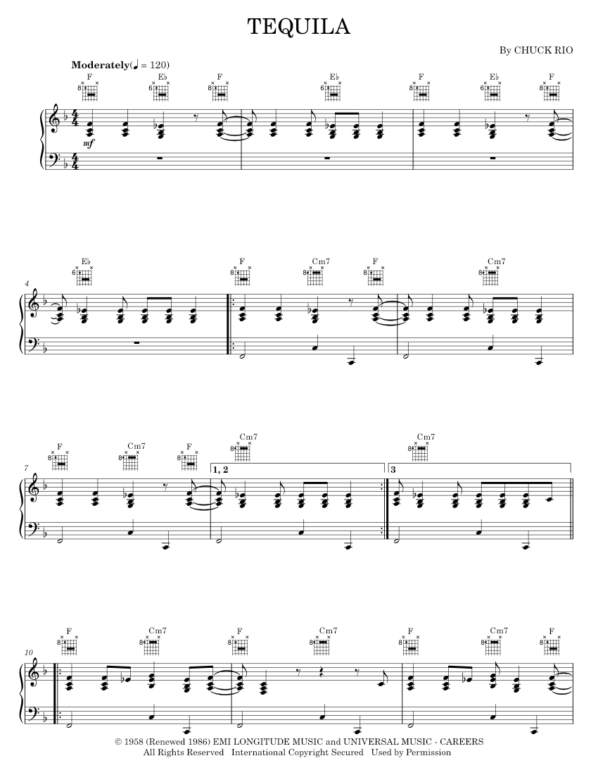 Play Official version of Tequila Sheet Music by The Champs for Piano ...