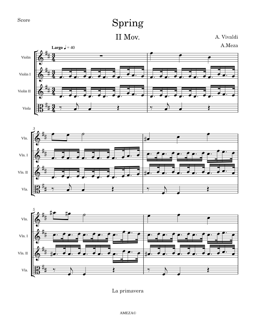 The four seasons - spring – Antonio Vivaldi Sheet Music for Violin, Viola, Strings group (String ...