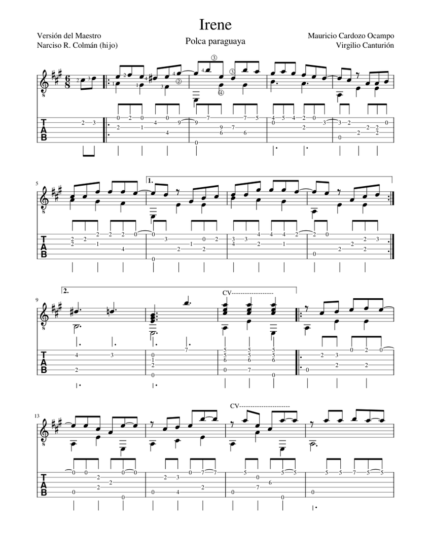 Irene Mauricio Cardozo Ocampo Virgilio Canturión Sheet music for Guitar ...
