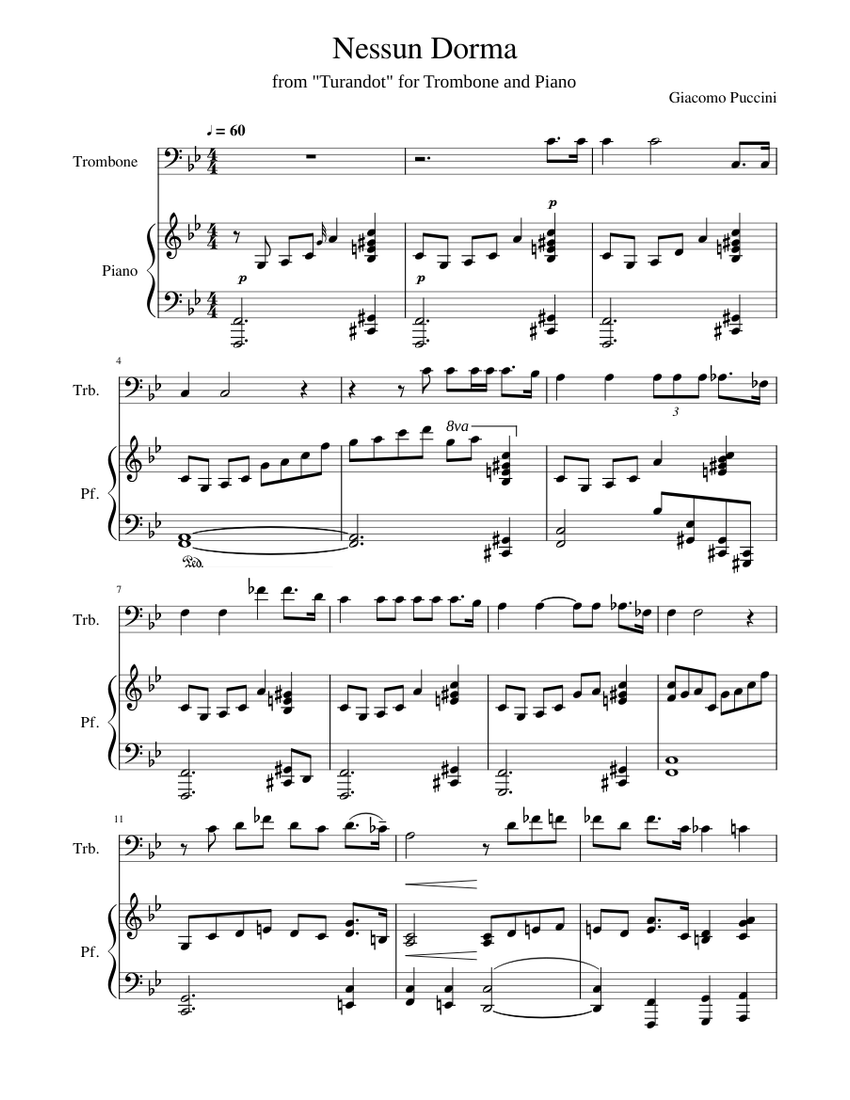 Nessun Dorma Trombone and Piano Sheet music for Piano, Trombone (Solo) | Musescore.com