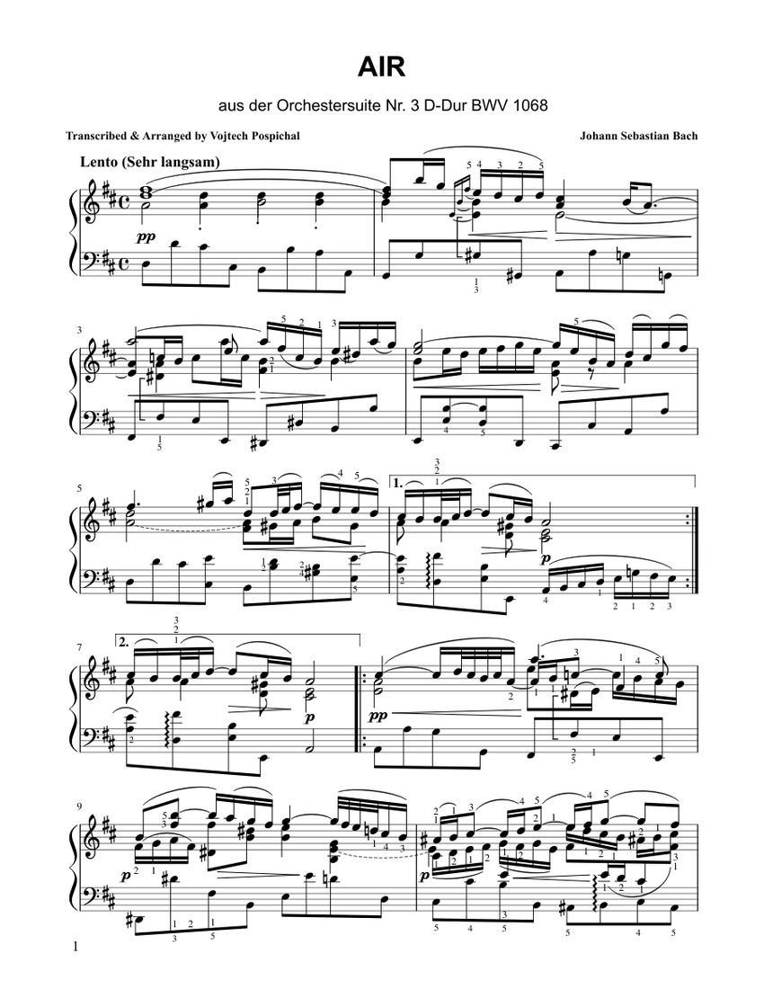 J.S. Bach Air aus der Orchestersuite Nr. 3 D-Dur BWV 1068 Sheet music ...