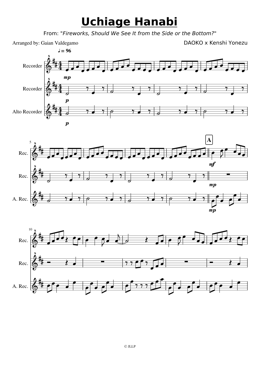Uchiage Hanabi (For Recorder Trio) Sheet music for Recorder (Mixed Trio) | Musescore.com