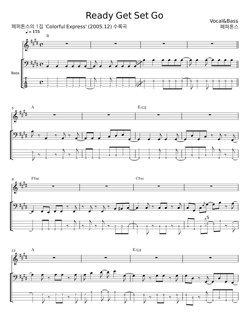 Ready Get Set Go - 페퍼톤스 Sheet Music for Bass guitar, Synthesizer (Mixed ...