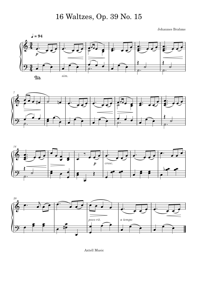 Waltz In G Major, Op. 39, No. 15 – Johannes Brahms Sheet music for ...