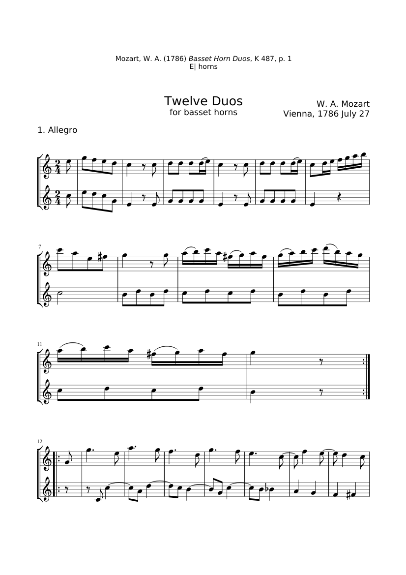 Mozart - 12 duetti per corni di bassetto KV 487- 1 - W.A. Mozart - 12 duos for basset horns KV ...
