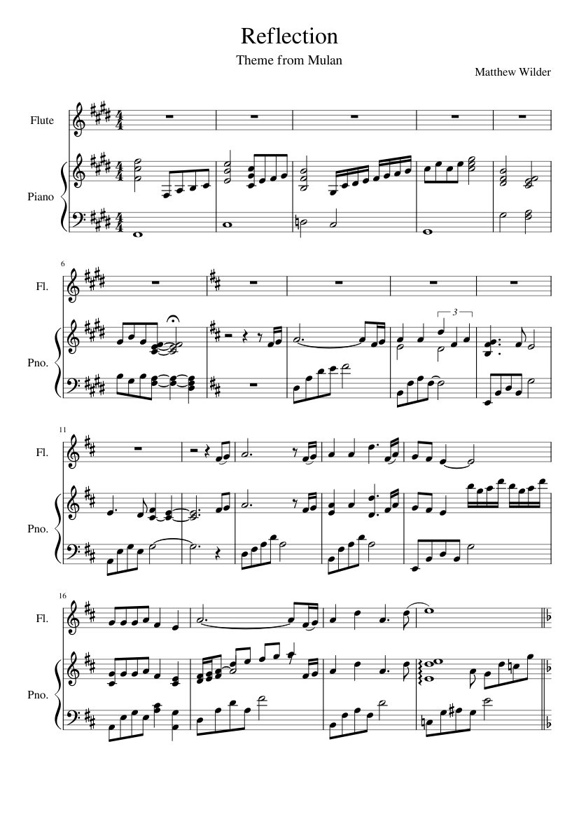 Reflection Sheet Music for Piano, Flute (Solo) | MuseScore.com
