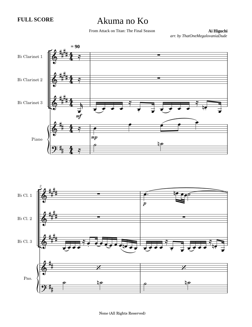Akuma no Ko Sheet music for Piano, Clarinet in b-flat (Mixed Quartet ...