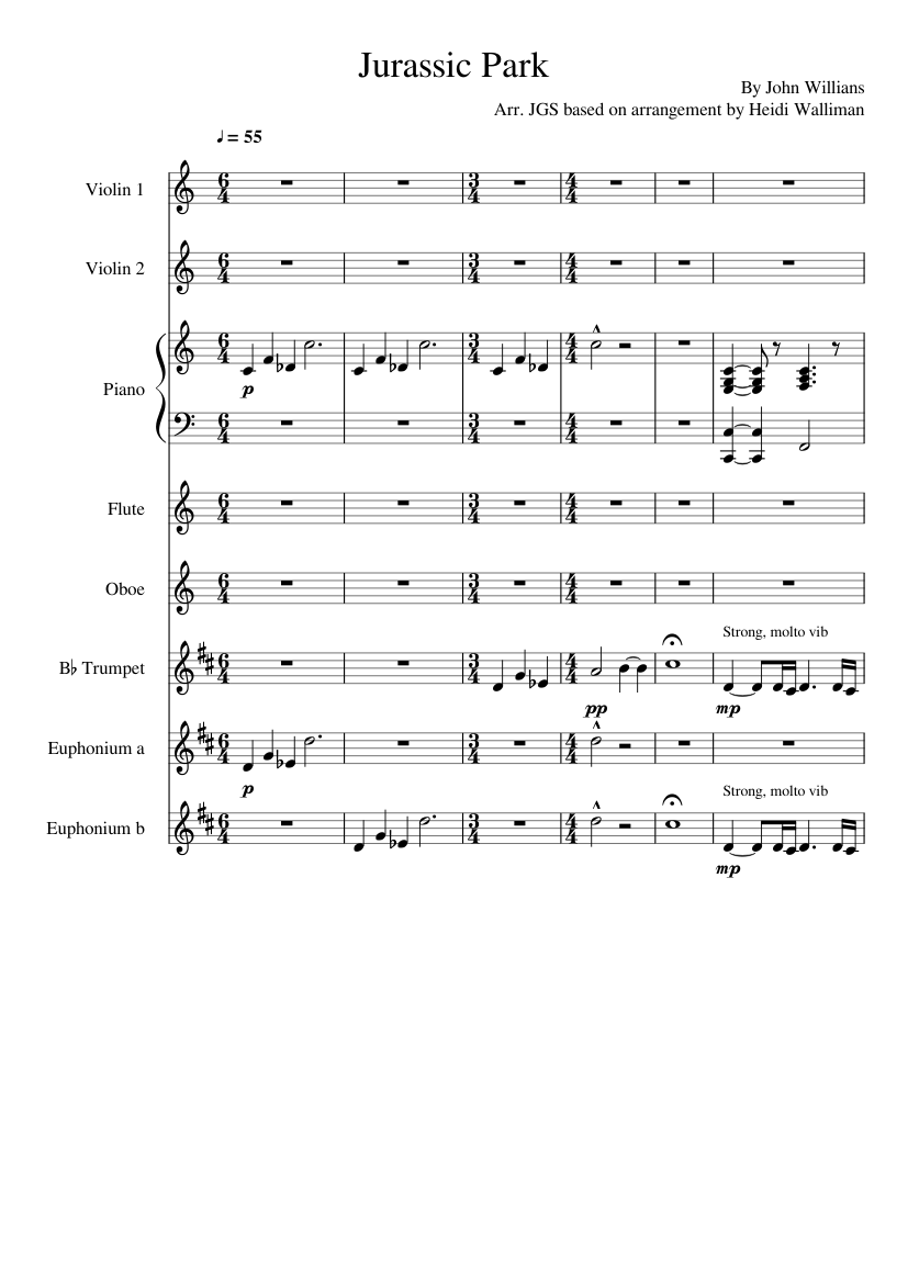 Jurassic Park for small band Sheet music for Piano, Euphonium, Flute ...