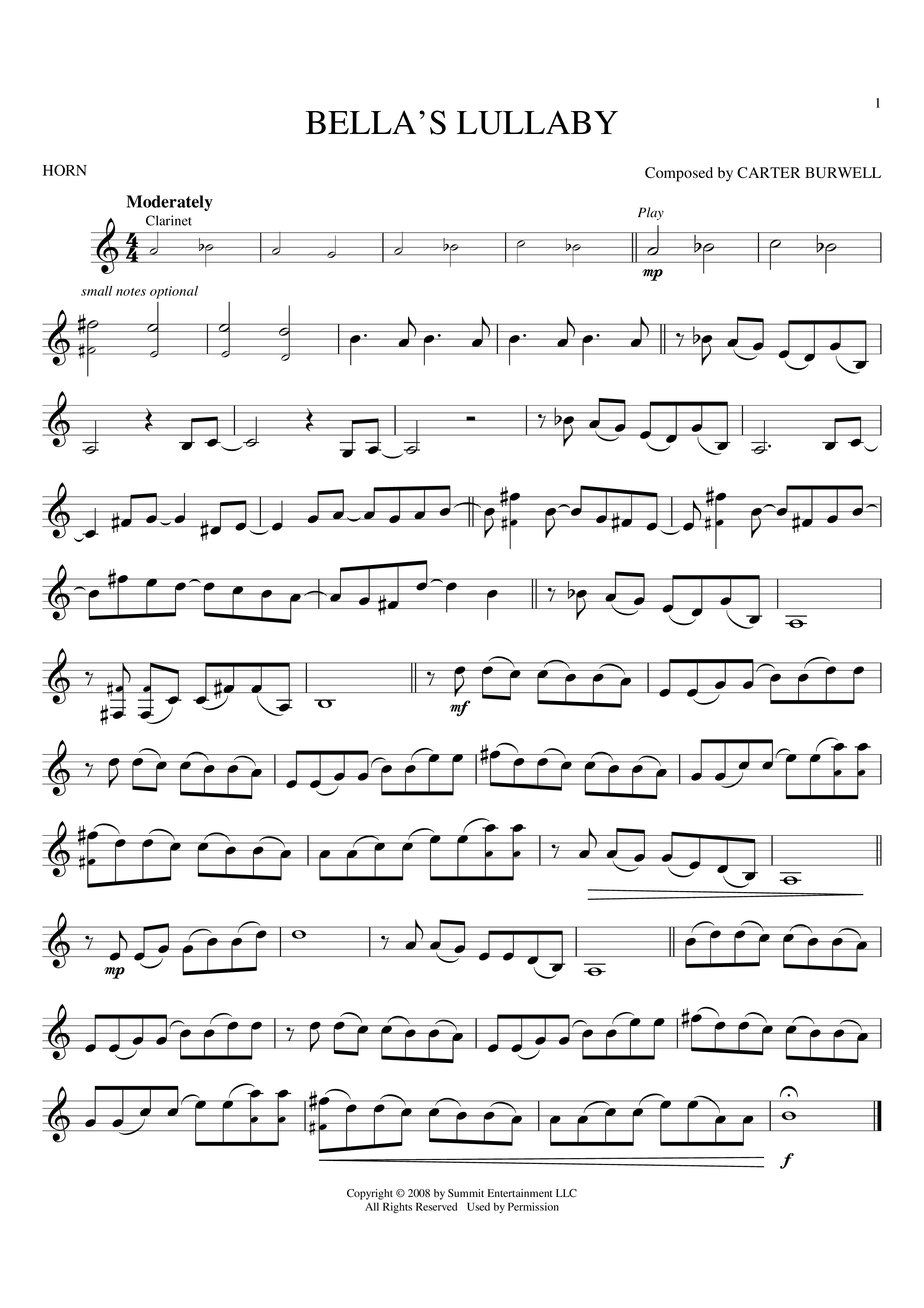 Bella's Lullaby Sheet music for Natural horn by Carter Burwell ...