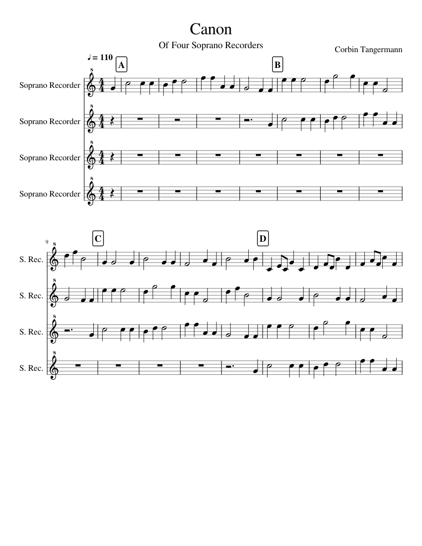 Canon of Four Soprano Recorders Sheet music for Recorder (Mixed Quartet ...