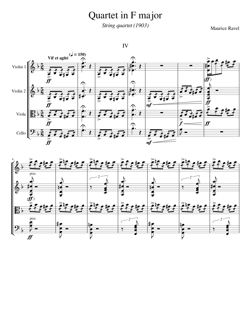 Quartet in F major – Maurice Ravel String quartet in F major, IV Sheet music for Violin, Viola ...