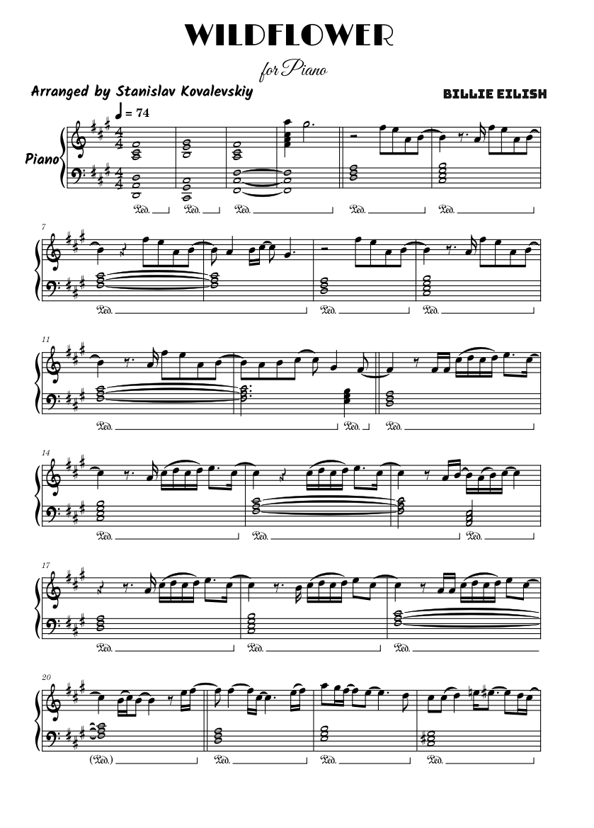 WILDFLOWER – Billie Eilish (Easy Piano Cover by Stanislav Kovalevskiy) Sheet music for Piano ...