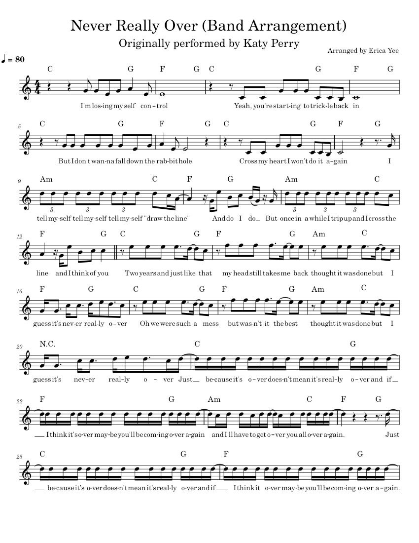 Never Really Over (Band Arrangement) Sheet Music with Chords for Piano ...
