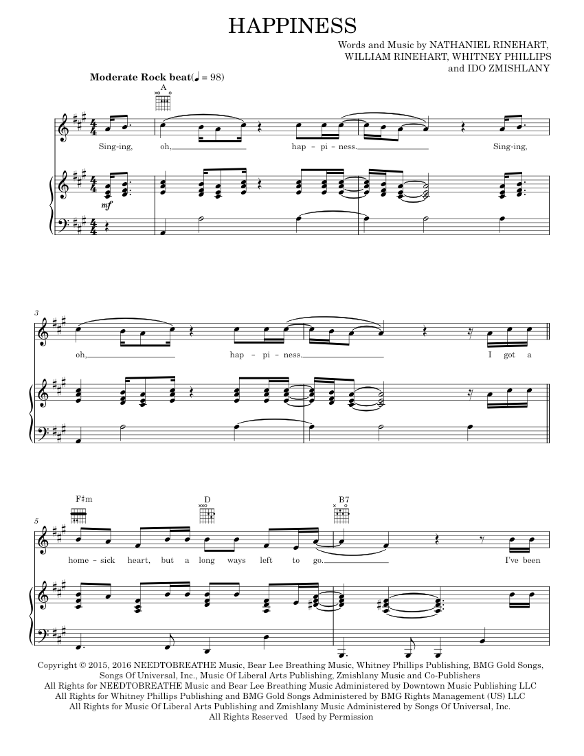 happiness Sheet music for Piano, Vocals by NEEDTOBREATHE: Music Notes ...