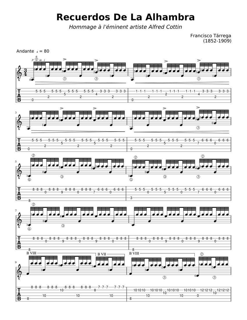 Recuerdos de la Alhambra - Francisco Tarrega - Tab Sheet music for ...