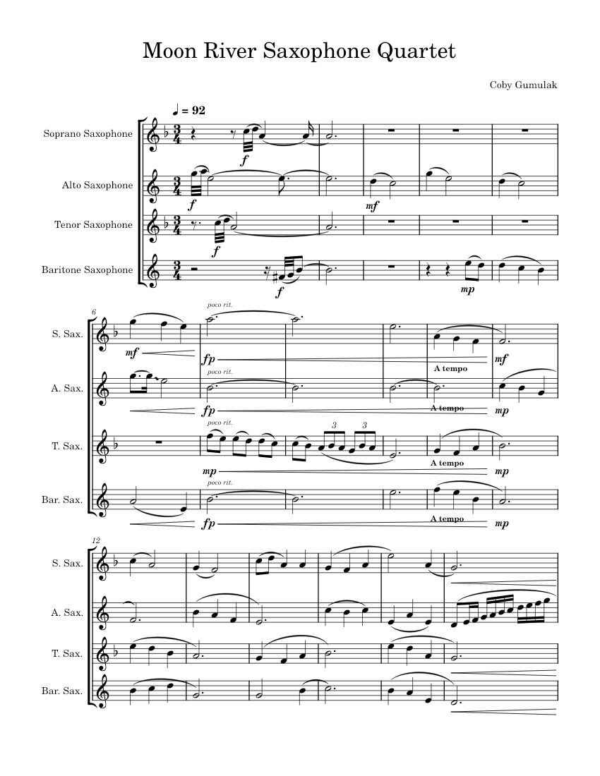 Moon River – Henry Mancini Moon River Saxophone Quartet.mxl Sheet music for Saxophone alto ...