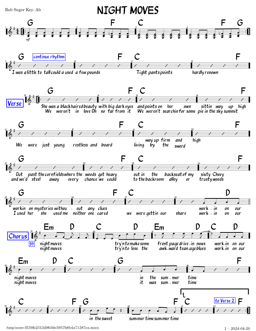 Night Moves-Bob Seger Sheet Music with Chords for Piano, Synthesizer ...