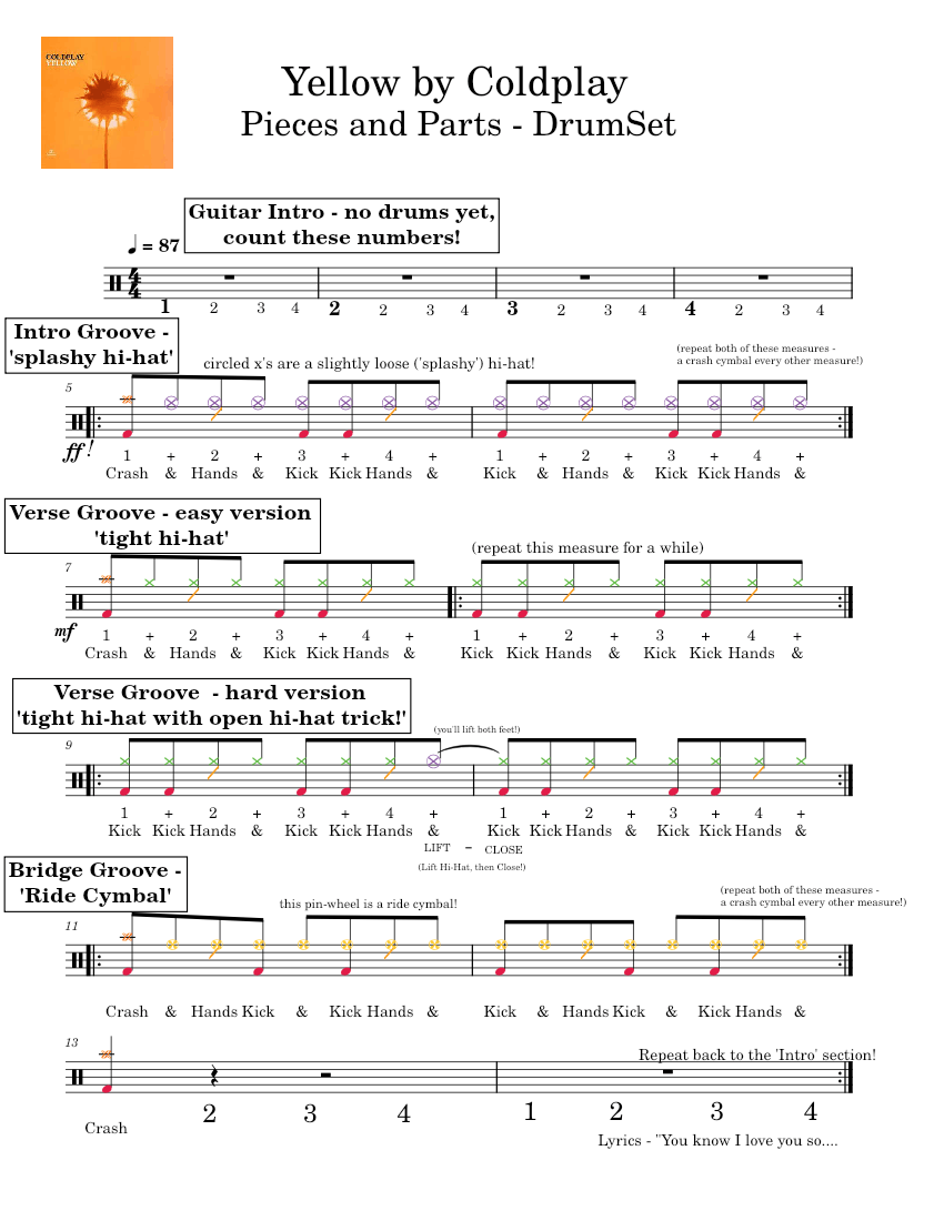 Yellow by Coldplay - (Student Arrangement Drums Beginner) Sheet music ...