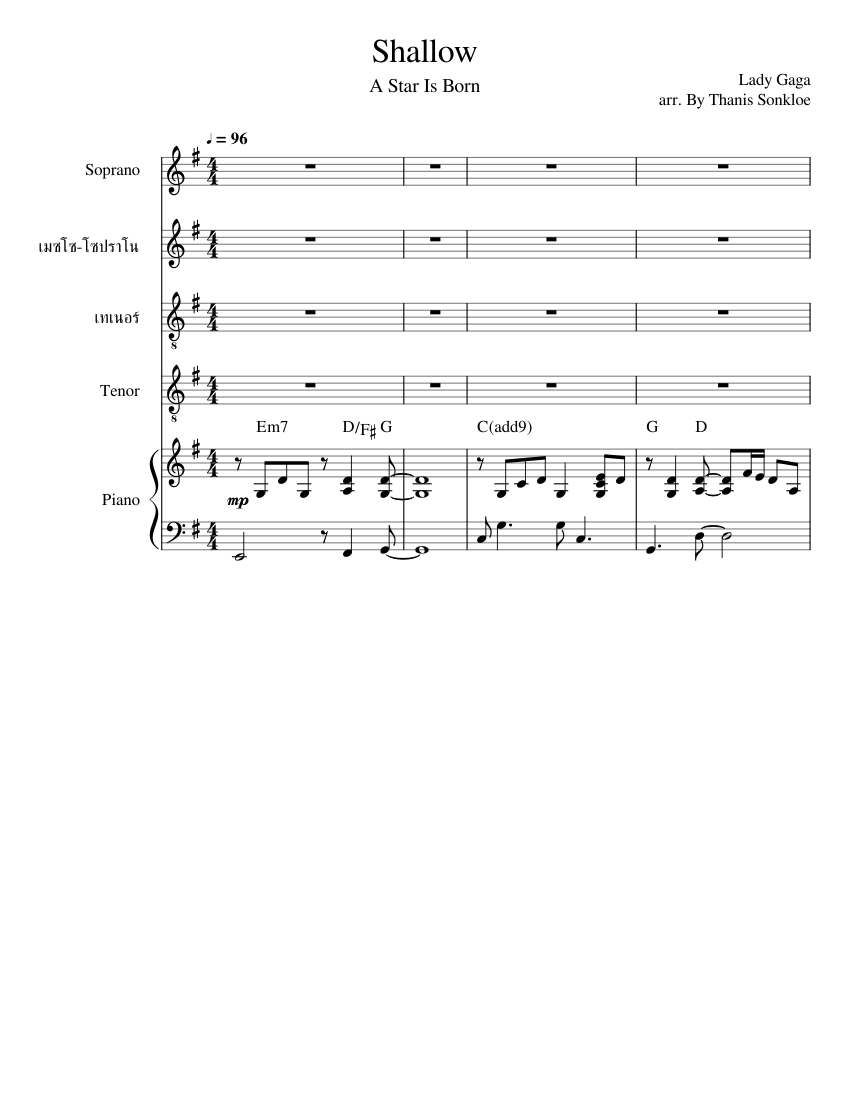 Shallow (A Star is Born) STT 4-Part Sheet music for Piano, Soprano ...