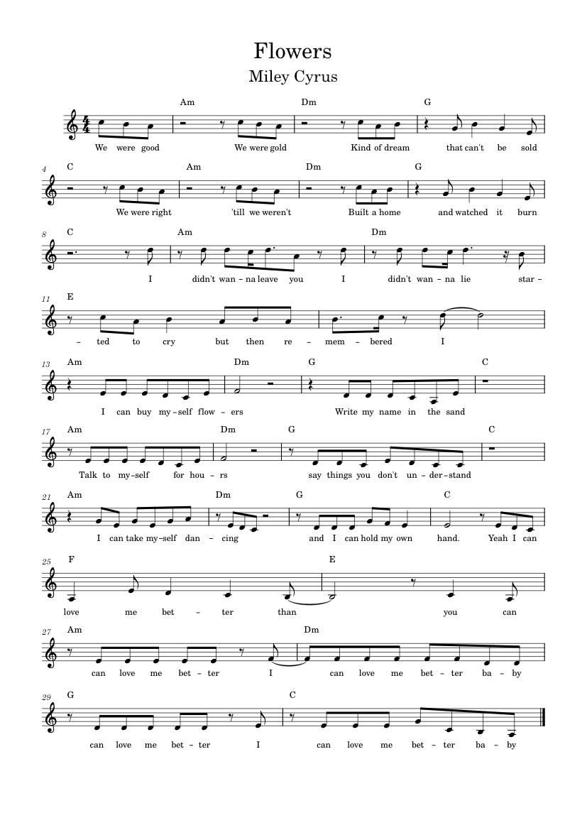 Flowers - Miley Cyrus Sheet Music for Piano (Piano-Voice) Easy ...