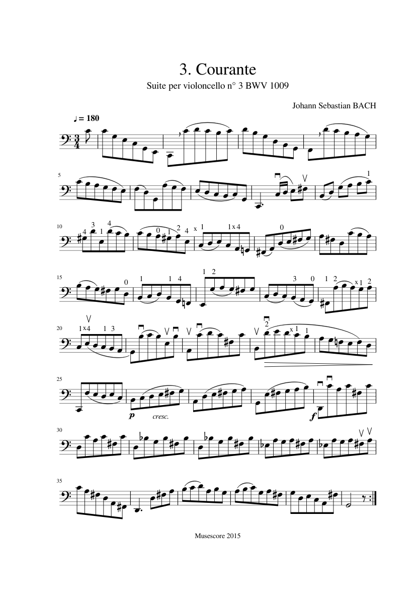J. S. Bach - Cello Suite n° 3 BWV 1009 - 3. Courante Sheet music for ...