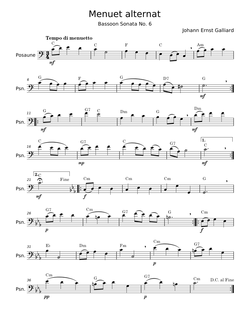 Bassoon Sonata No. 6 - Johann Ernst Galliard Sheet Music with Chords ...