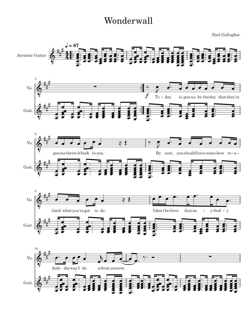 Wonderwall – Noel Gallagher Sheet music for Vocals, Cello, Guitar, Bass ...