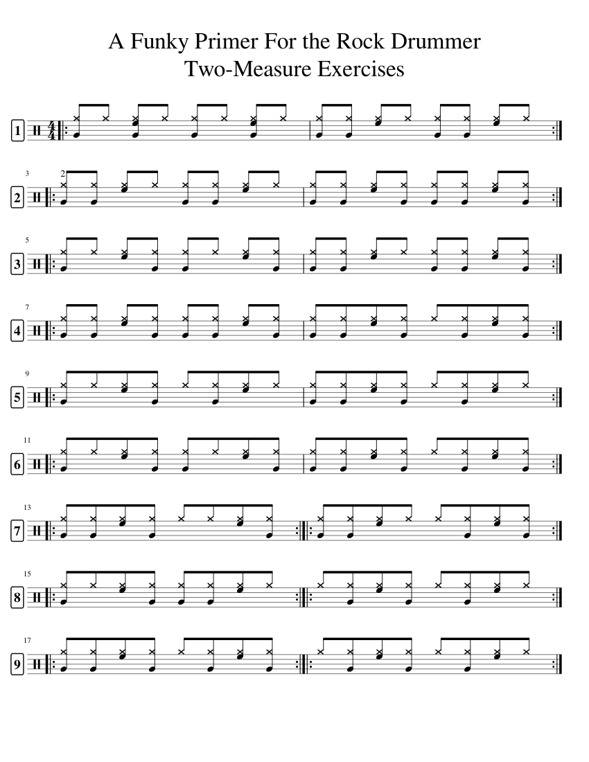 A Funky Primer For the Rock Drummer Two-Measure Exercises Sheet music ...