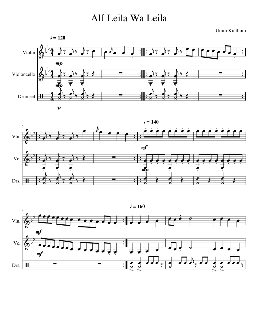 Alf Leila Wa Leila Sheet music for Violin, Cello, Drum group (Mixed ...