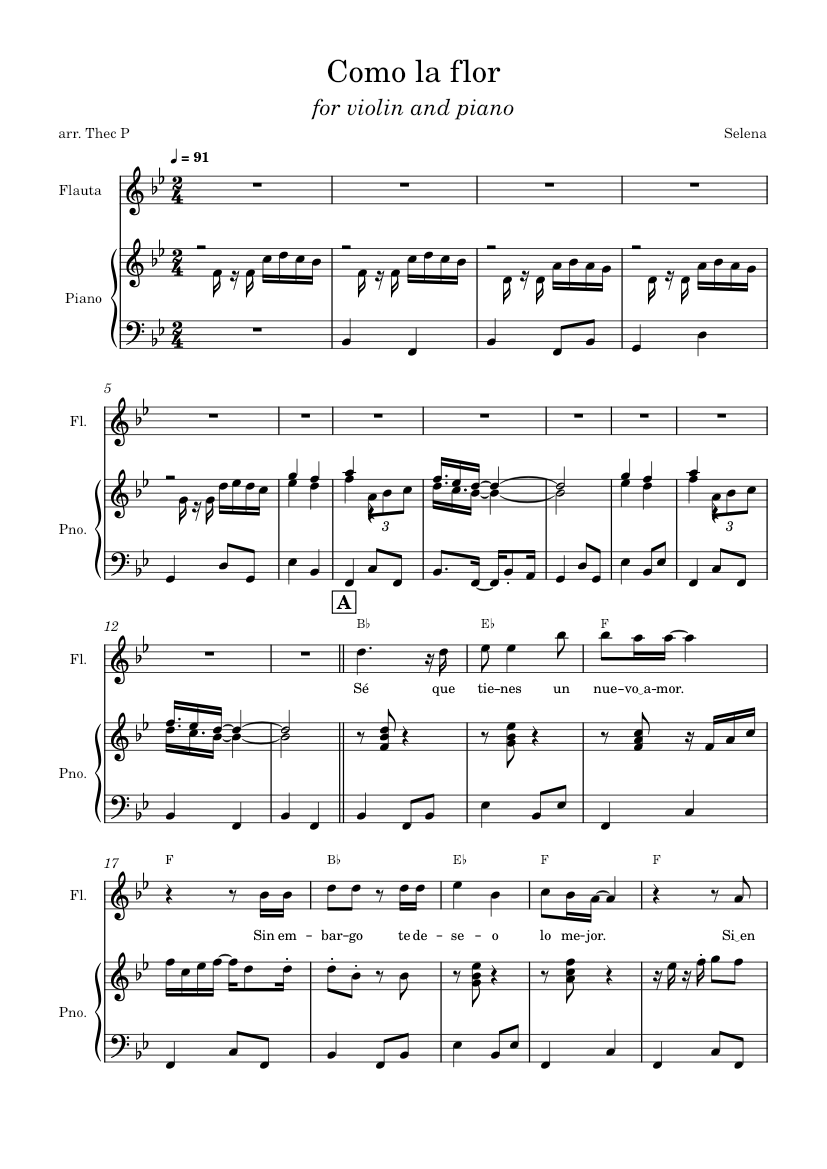 Como La Flor – Selena Quintanilla Sheet Music with Chords for Piano ...