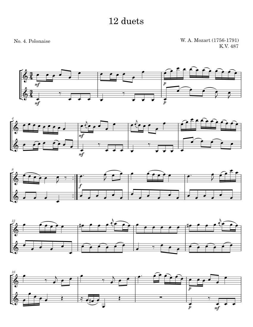 12 EASY DUETS - J S Bach, G F Handel, W A Mozart Sheet Music for Violin (String Duet ...