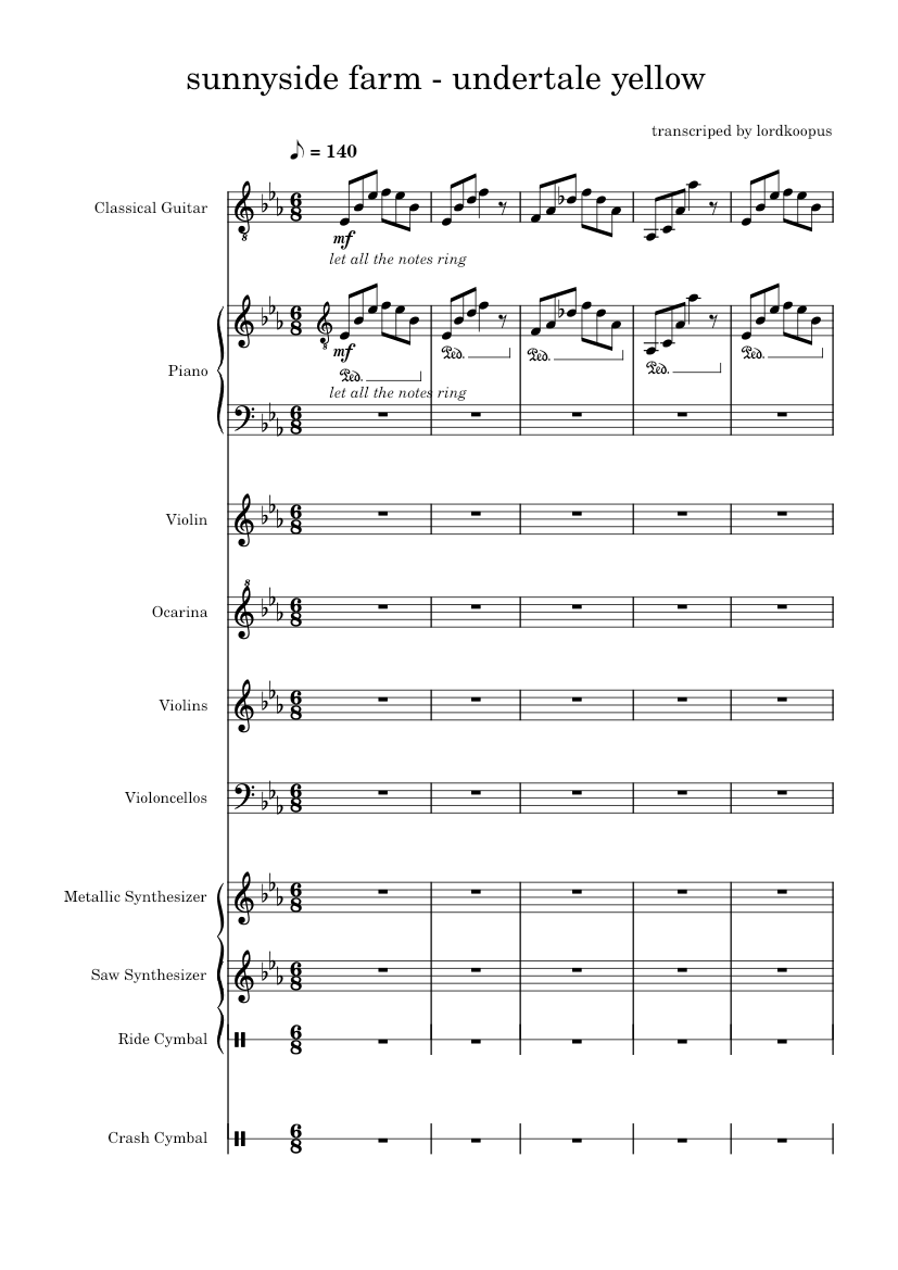 sunnyside farm - undertale yellow Sheet Music for Piano, Crash, Violin ...