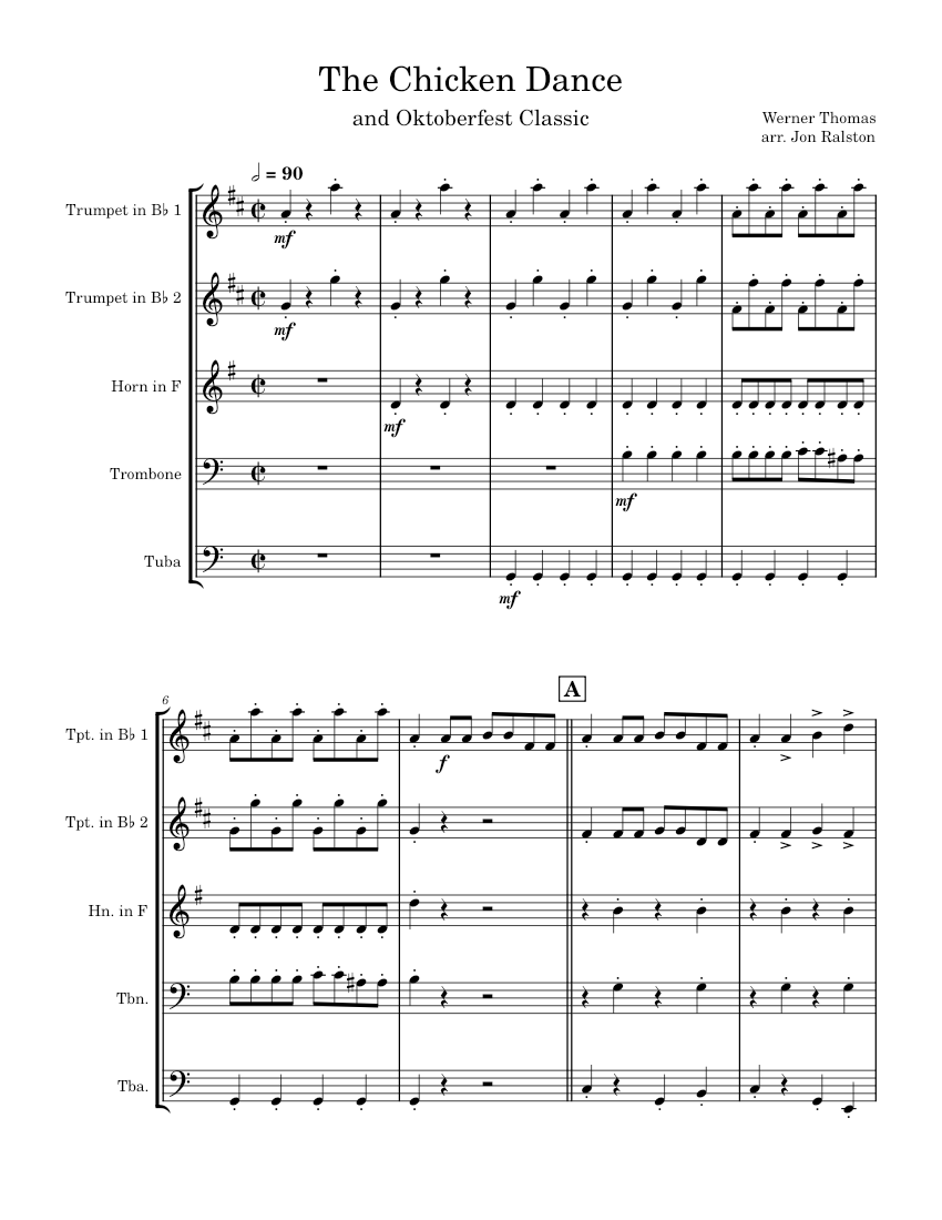 Chicken Dance Sheet Music for Trombone, Tuba, French horn, Trumpet ...