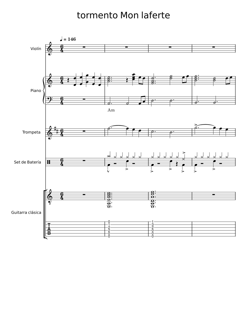 Tormento - Mon Laferte Sheet music for Piano, Violin, Guitar, Drum ...