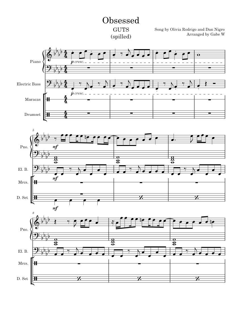 Obsessed – Olivia Rodrigo Sheet music for Piano, Bass guitar, Drum ...