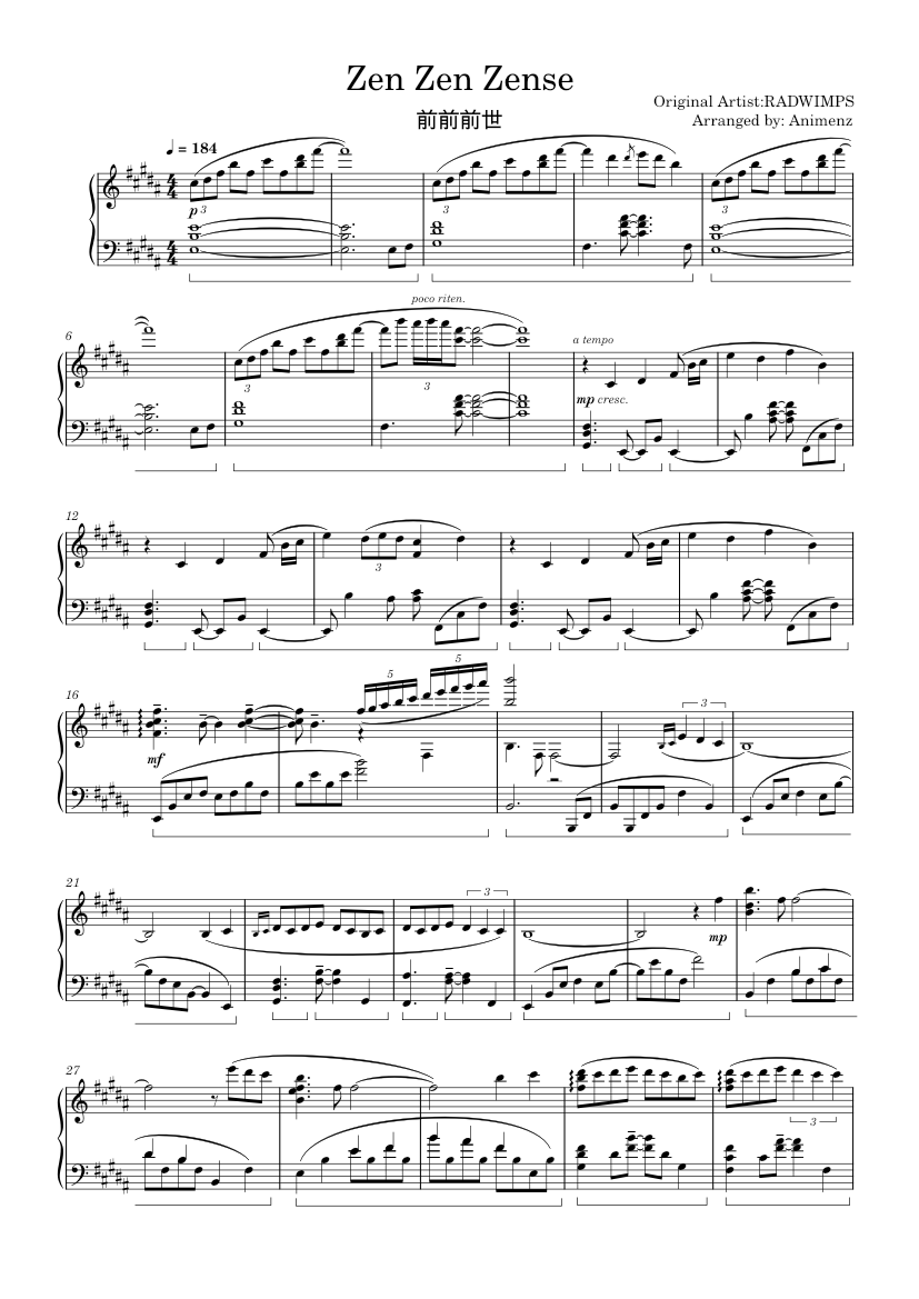 RADWIMPS - Zen Zen Zense (Animenz Arr.) Sheet Music for Piano (Solo ...