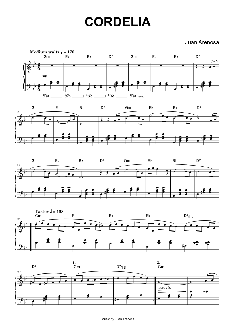 Play Official version of Cordelia Sheet Music by Juan Arenosa for Piano ...
