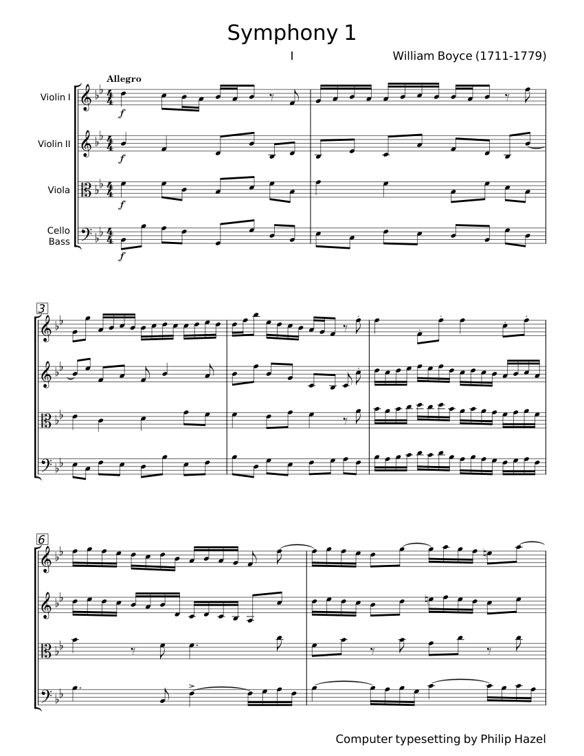 Symphony No.1 in B-flat major - William Boyce Sheet Music for Violin, Viola, Cello (String ...