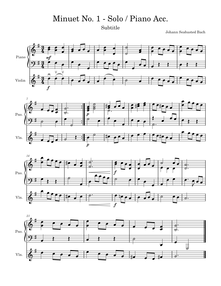Minuet No. 1 Sheet Music for Piano, Violin (Solo) | MuseScore.com