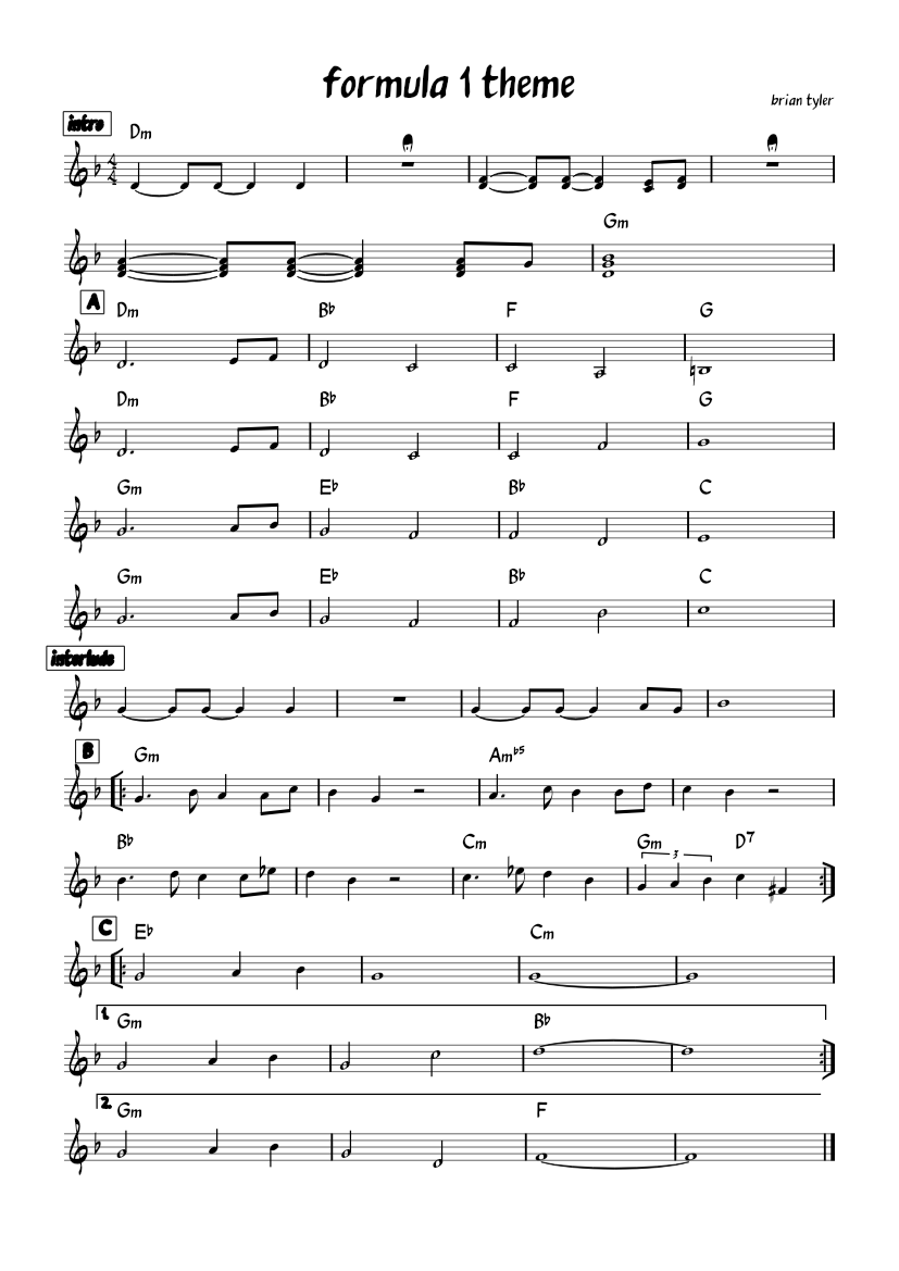 Formula 1 Theme – Brian Tyler - Leadsheet Sheet music for Piano (Solo) Easy | Musescore.com