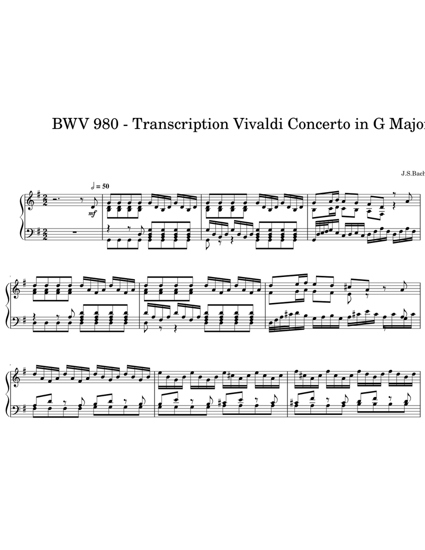 BWV 980 - Transcription Vivaldi Concerto in G Major Sheet music for ...