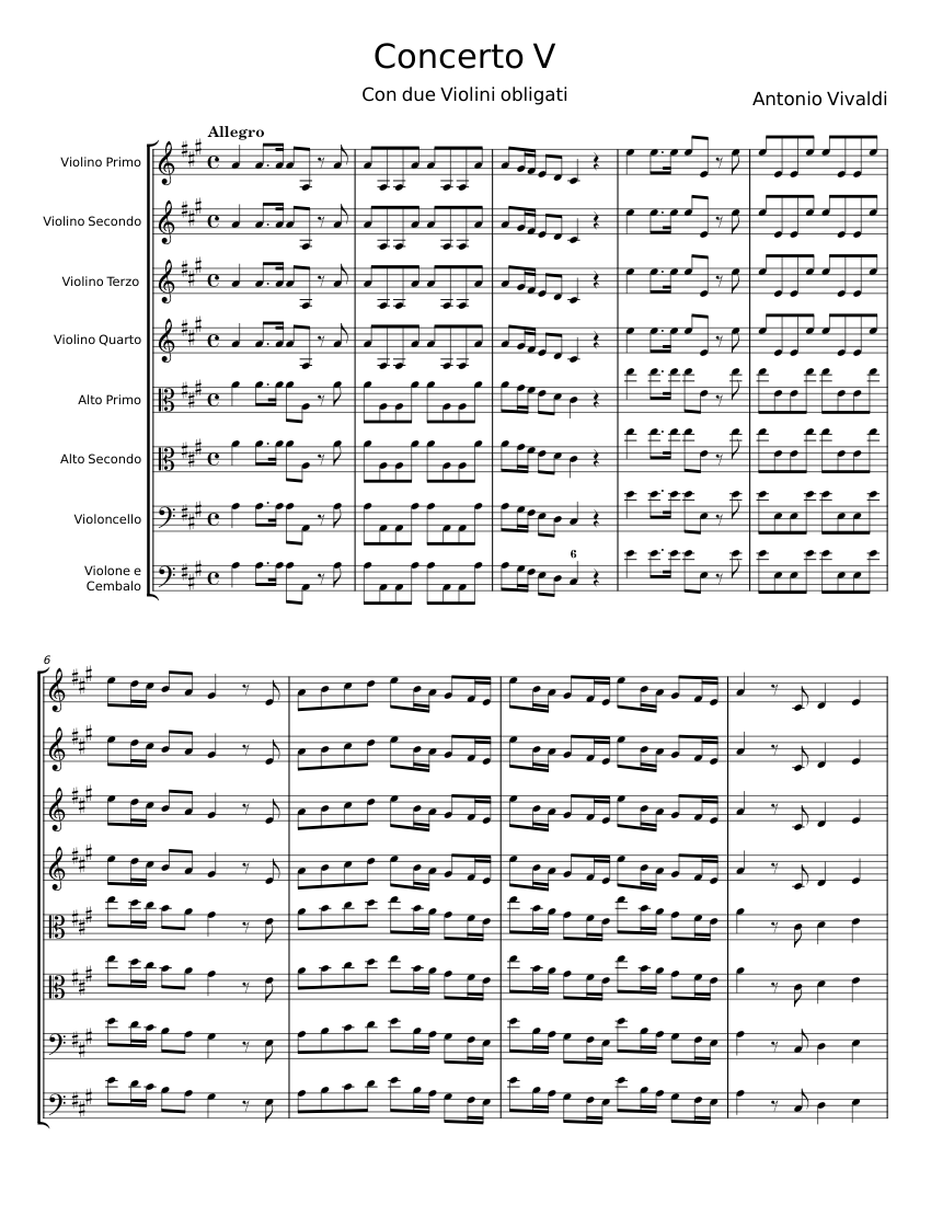 Concerto V - Antonio Vivaldi Sheet music for Violin, Viola, Cello, Strings group (String ...