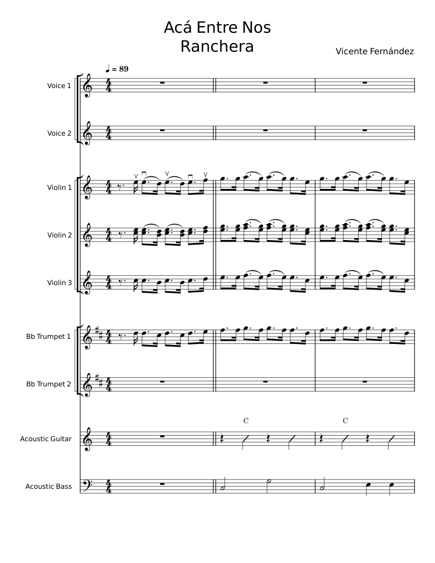 Aca entre nos - Vicente Fernández Sheet Music with Chords for Violin ...