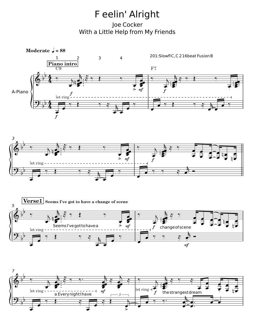 Feelin alright - Joe Cocker Sheet Music with Chords for Piano (Solo) | MuseScore.com