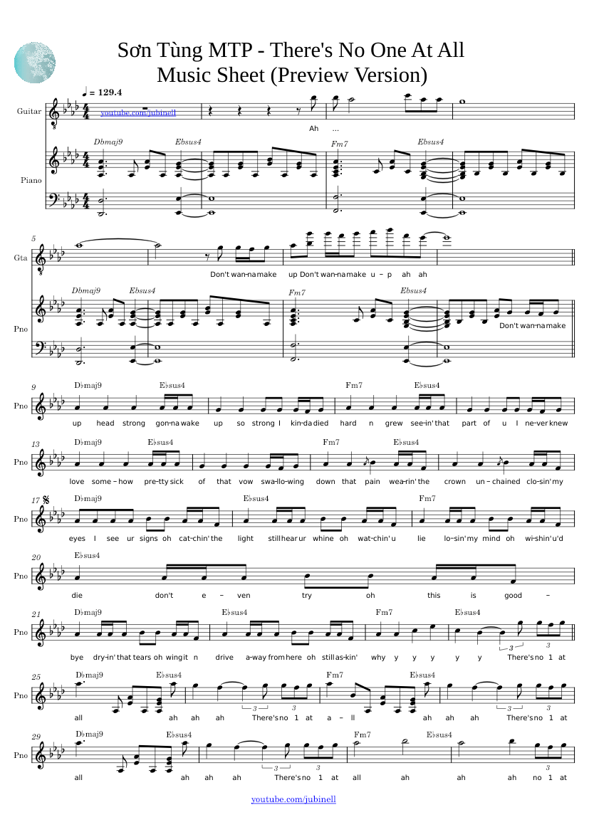 Sơn Tùng M-TP - There's No One At All Sheet Music | Sheet Nhạc Sheet music for Piano, Guitar ...